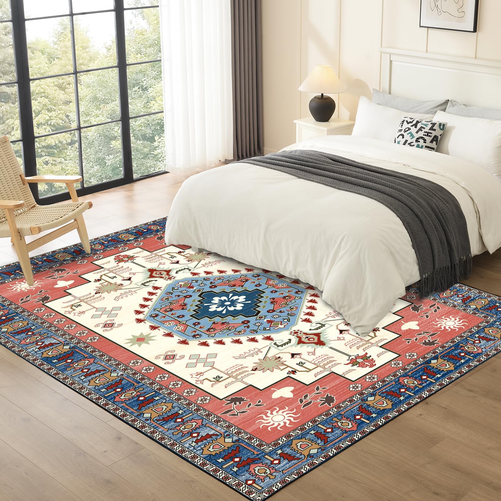 CHOSHOME Washable Rug 8x10 Vintage Boho Medallion Area Rugs with Non-Slip Backing Soft Stain Resistant Non-Shedding Low-Pile Floor Carpet Mat for Living Room Bedroom Kitchen Home Office,Red