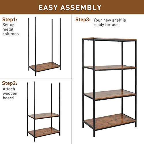 ECOMEX 4 Tier Bookshelf, Tall Bookcase with Metal Frame for Stroge,Industrial Bookshelf and Bookcases for Bedroom,Livingroom,Office Brown