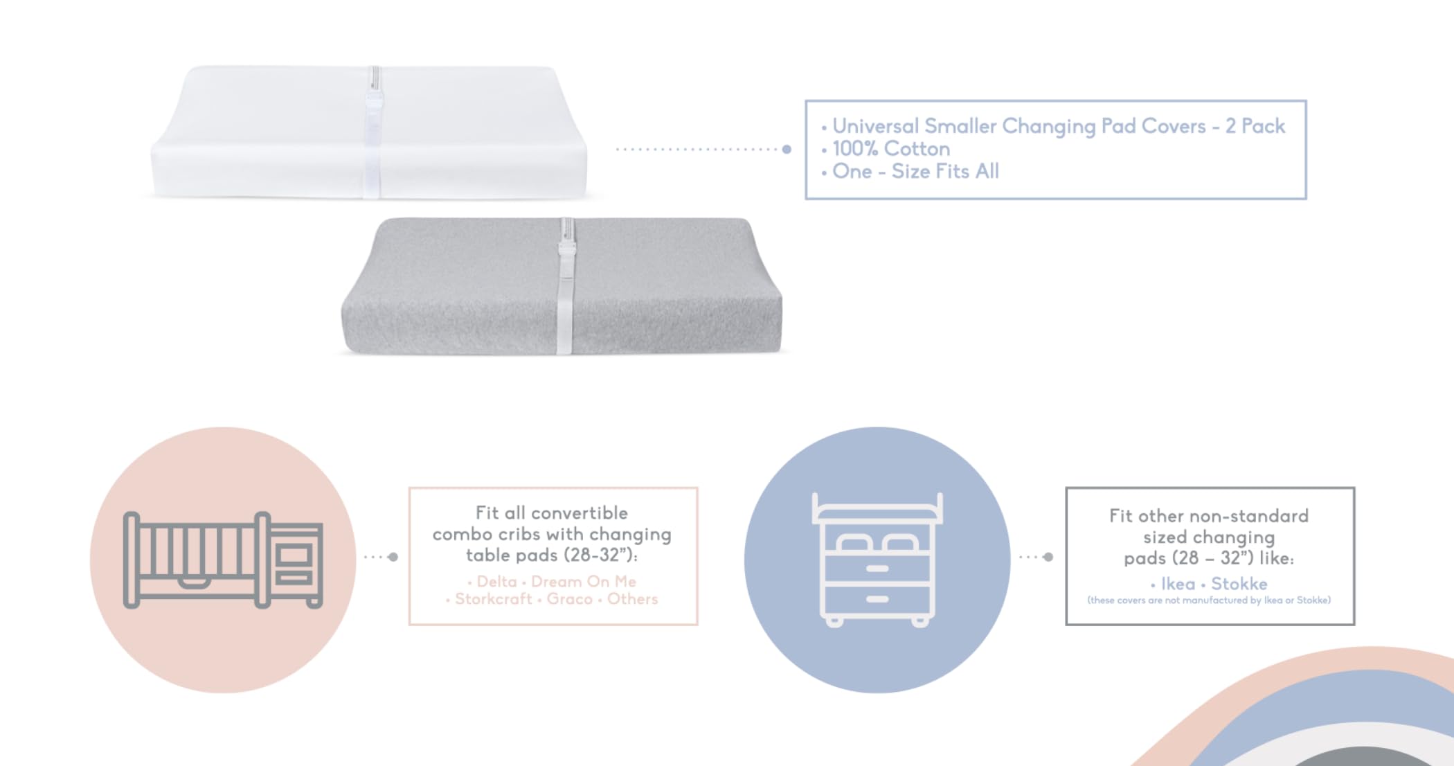 Small Changing Pads Covers for Convertible Crib & Changing Combo - 2 Pack | Fits 28" - 30" | Universal Fit | 100% Cotton | Fits LA Contour, LA Cocoon Style, IKEA Vadra, Others