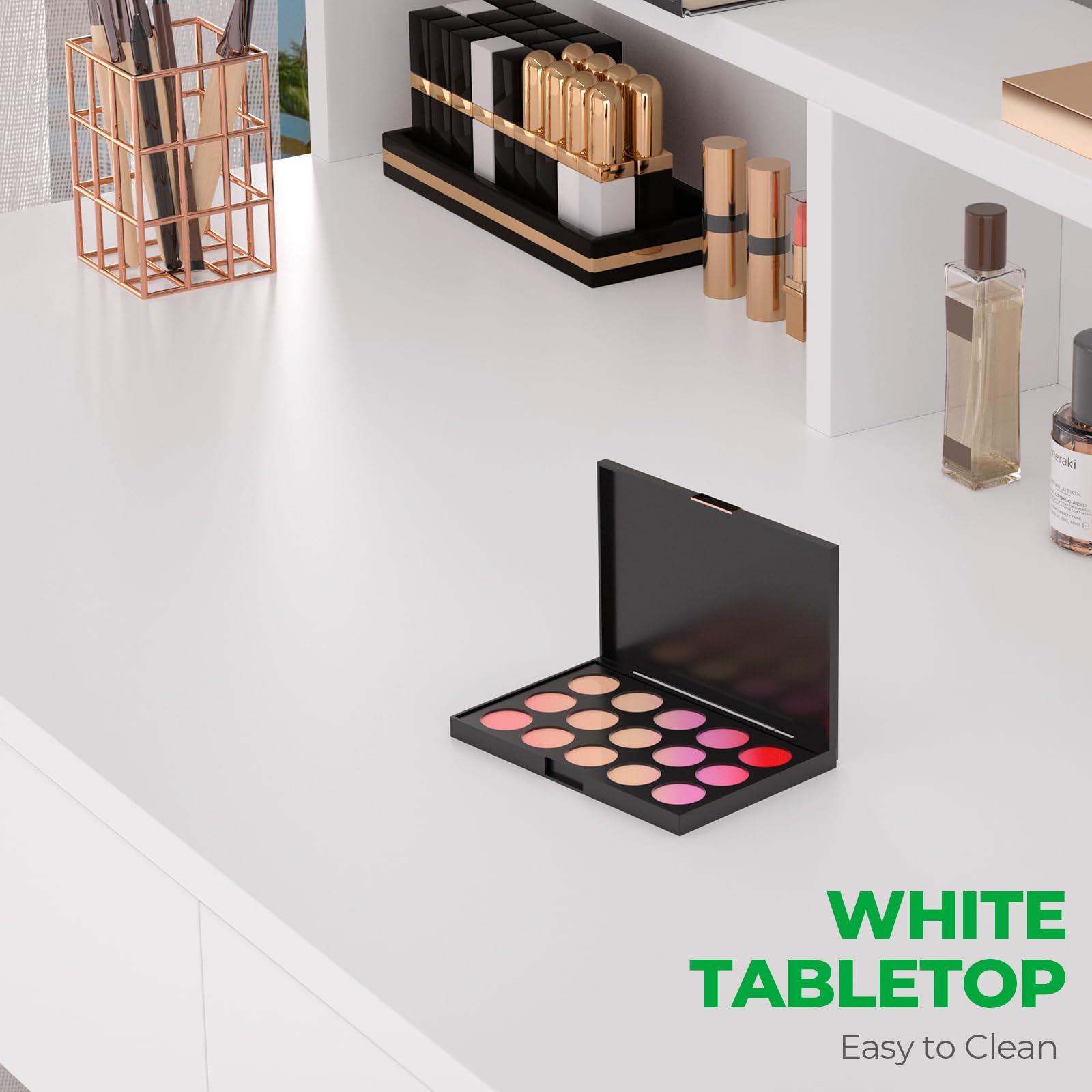 GreenForest Vanity Desk with 2 Drawers, White Makeup Desk with 3 Storage Spaces, 31.5 inch Small Desk with Silver Metal Legs, Modern Home Office Desk for Kids, Bedroom (No Mirror)