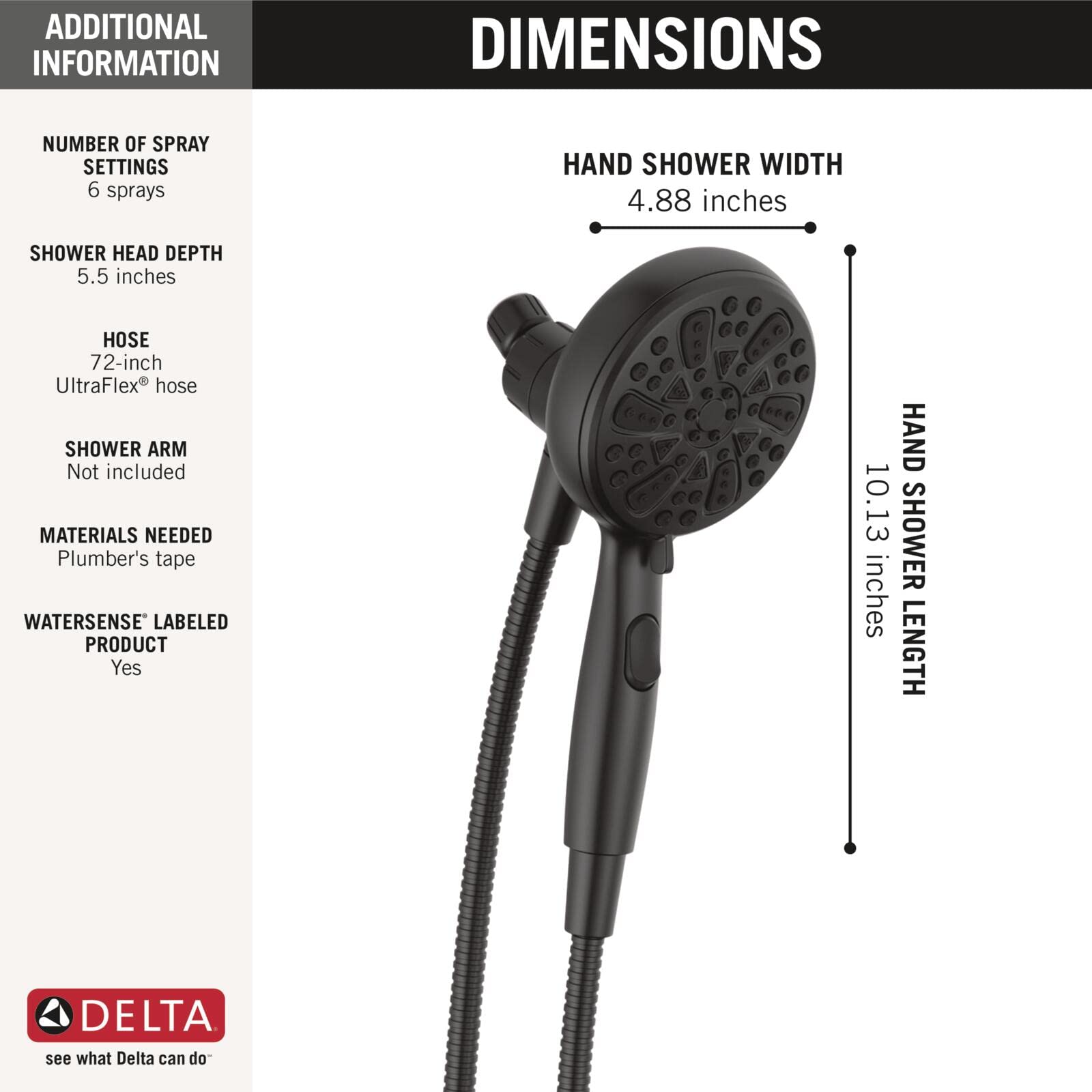 Delta Faucet 6-Setting SureDock Magnetic Shower Head with Handheld Spray, Black Shower Head with Hose, Round Shower Head, Showerheads & Handheld Showers, MagnaTite Docking, Matte Black 75609BL