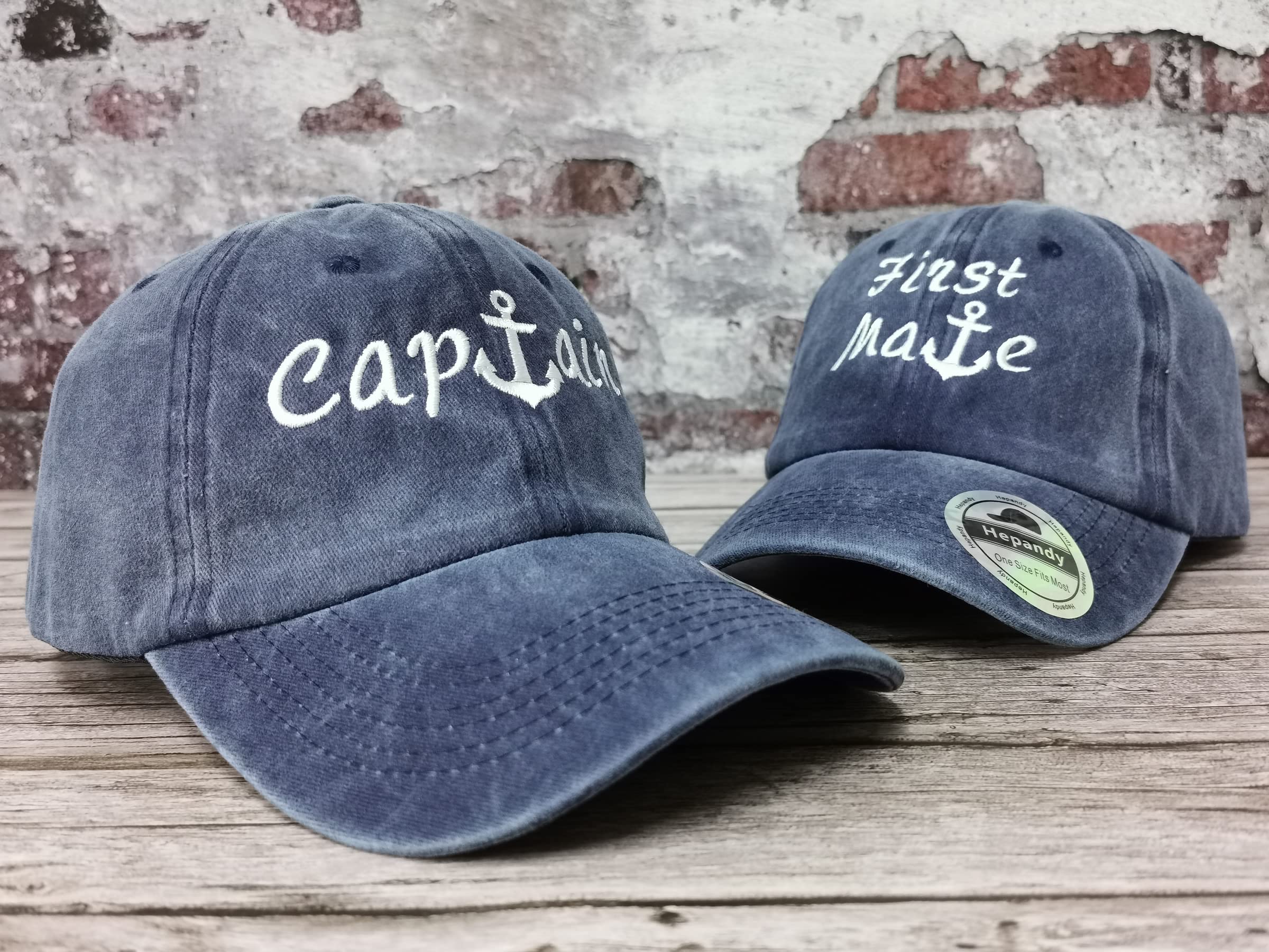 Captain & First Mate Anchor Hats for Couples, Navy Blue Embroidered Matching Boating Baseball Caps, Sailing Gift