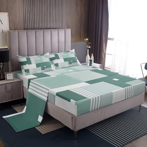 jejeloiu Geometric Sheet Set Full Size Kids White Green Geometry Square Sheets with Deep Pocket Fitted Sheet for Boys Girls Teens Modern Striped Art Bed Sheets Set Luxury Bedding Set Room Decor