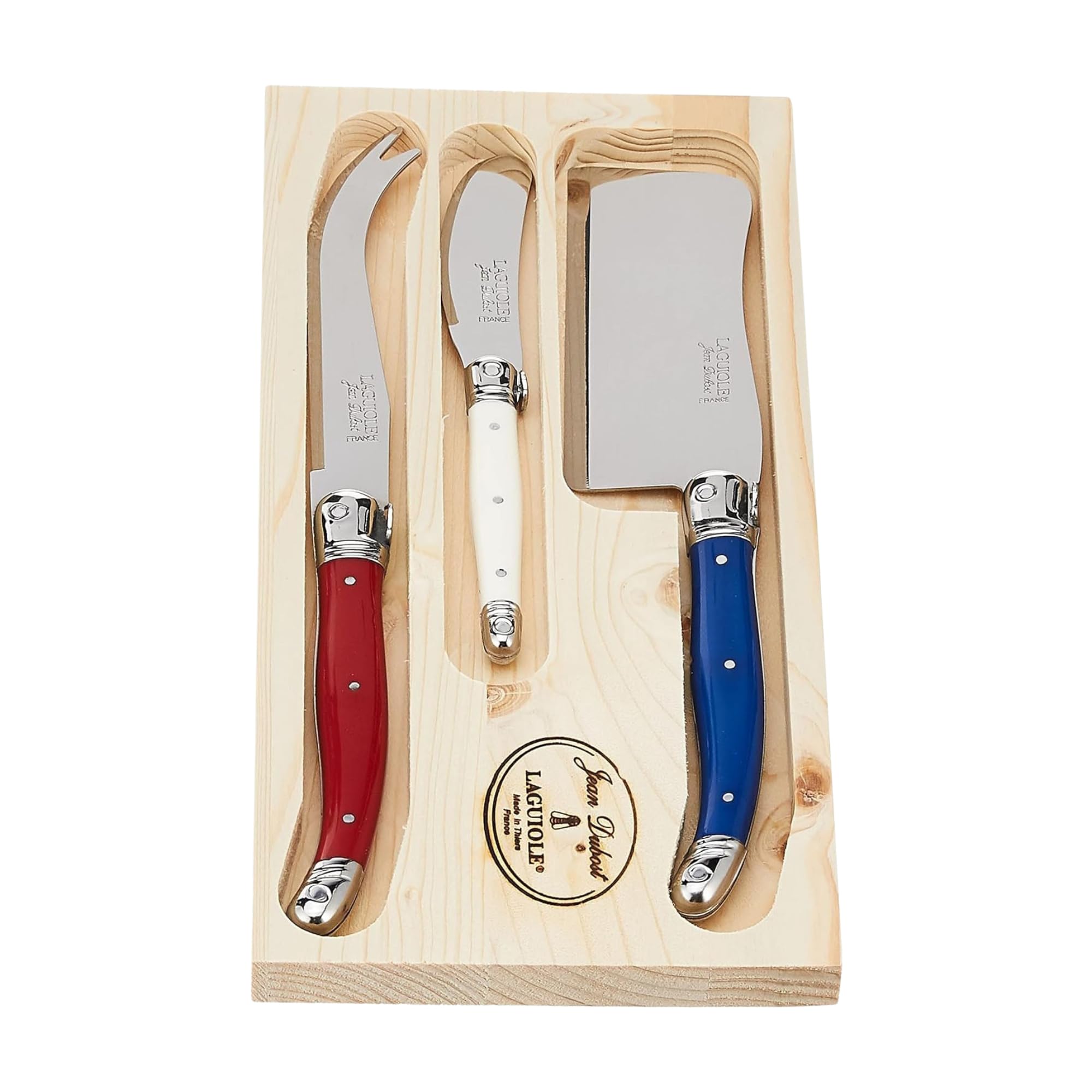 Jean Dubost Laguiole 3-Piece Cheese Knife Set, Paris-Colored Handles - Rust-Resistant Stainless Steel - Includes Wooden Tray - Made in France
