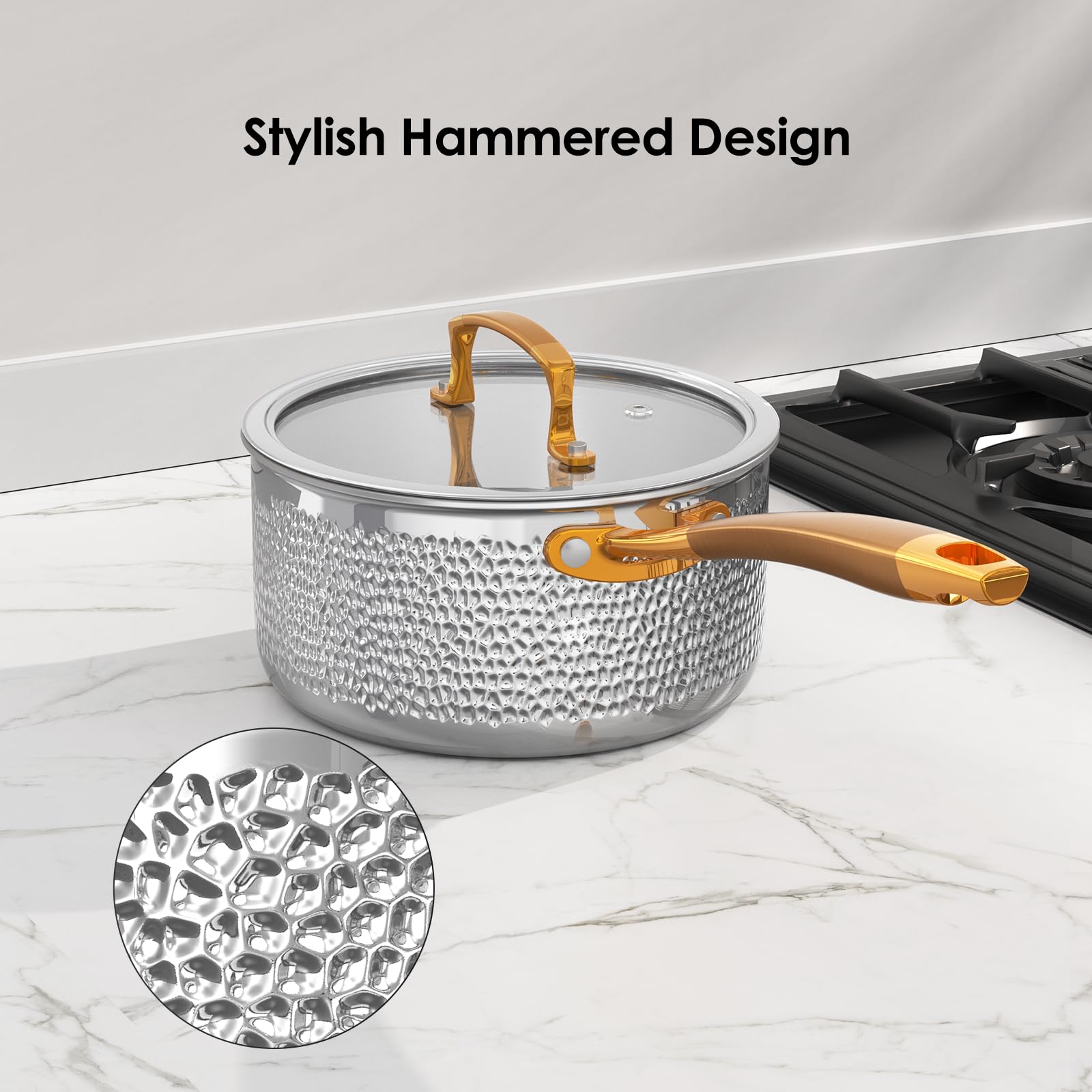 Homaz life 3-Quart Saucepan with Tempered Glass Lid, Tri-Ply Stainless Steel Cookware, Induction Ready, Compatible with All Cooktops, Dishwasher Safe, Non-Toxic, Gold-Colored Stay-Cool Handle