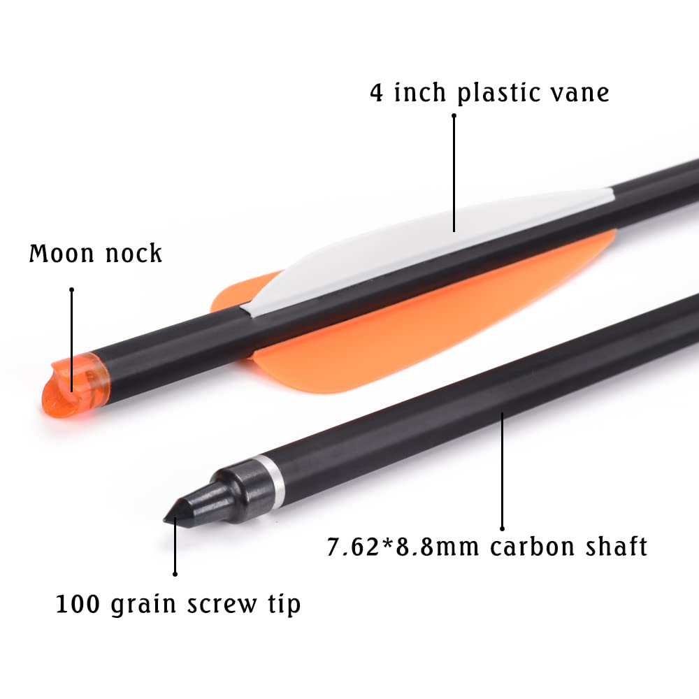 Carbon Crossbow Bolts 20 Inch Hunting Archery Arrows with 4" Vanes Replaced Arrowhead Tip 12PCS
