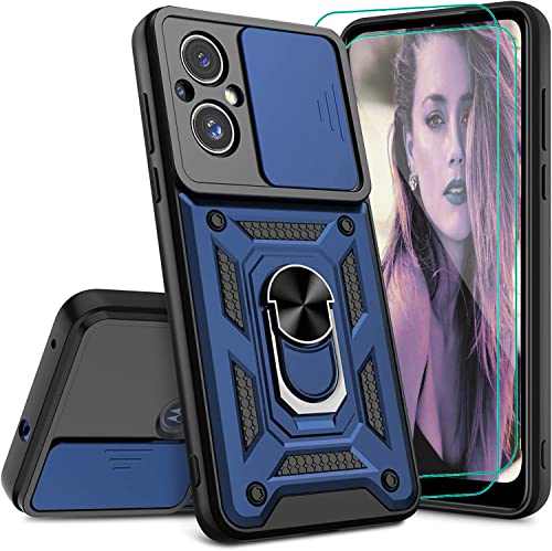 Suyomo for Oneplus Nord N20 5G Case with Tempered Glass Screen Protector [2Pcs],1+ Nord N20 Heavy Duty Case with Camera Cover Ring Holder Stand Shockproof Dual-Layer Protection Phone Case (Blue)