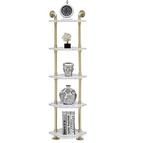 ivinta Corner Bookshelf with Storage, Wall Mount Pipe Shelves, White Corner Shelf Stand, Gold Metal Décor Bookcase, Modern Shelf Organizer Display Stand Rack for Bedroom, Bathroom, Living Room