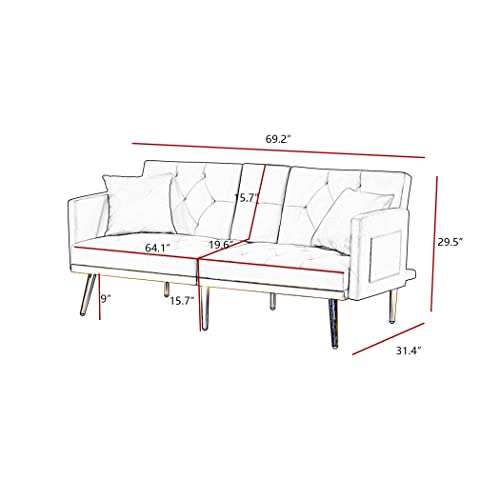 HoRunzelin Soft Velvet Sleeper Sofa Bed with Cup Holder and 2 Pillows for Living Room,Luxury Loveseat Couch Can Put Down The Back,Grey