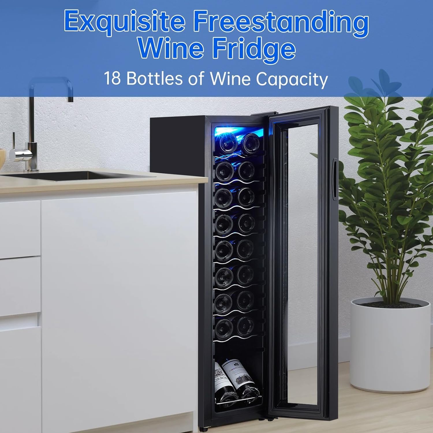 Garvee Wine Fridge 18 Bottles Compressor Wine Cooler, Freestanding Wine Cellar Digital Temperature Control Wine Cabinet Beverage Refrigerator for Red White Wine, Champagne, Beer, Drink (18 Bottles)