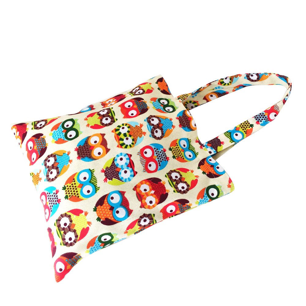 Nuni Women's Cute Owl Print Cotton Canvas Tote Bag, Colorful Owl/ Zip Closure, Medium