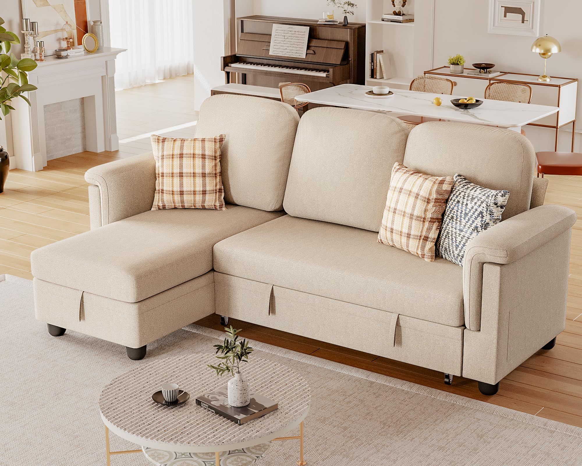 Furmax Sofa Bed Pull Out Couch with Side Storage Pockets L-Shaped Sleeper Sofa with Storage Chaise Sectional Couches for Living Room, Small Apartments (Linen, Beige)