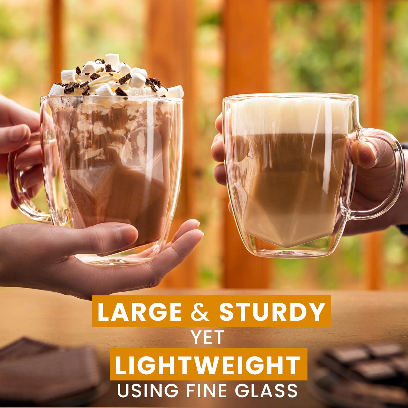 Double Wall Glass Coffee Mugs 16 oz - Large Clear Set of 2 - Patent Pending Geometric Modern Novelty Design - Insulated & Double Walled Glass Coffee Mugs. Ideal for Latte & Cappuccino