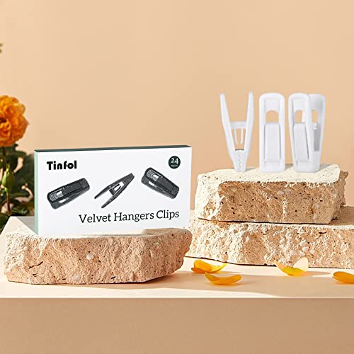 Tinfol White Velvet Hanger Clips, 24Pcs Pants Hangers Clips, Non-Slip Flocked Finger Clothes Clips Perfect for Thin Velvet Hangers