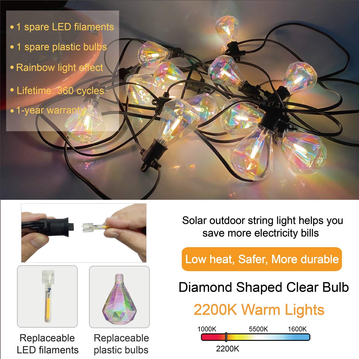 ZOTOYI 27FT Solar String Lights Outdoor Waterproof, Solar Powered Patio Lights with 12+1 Diamond Shaped Bulbs, Shatterproof LED String Lights for Home Yard Pergola Wedding Garden Party, 2200K