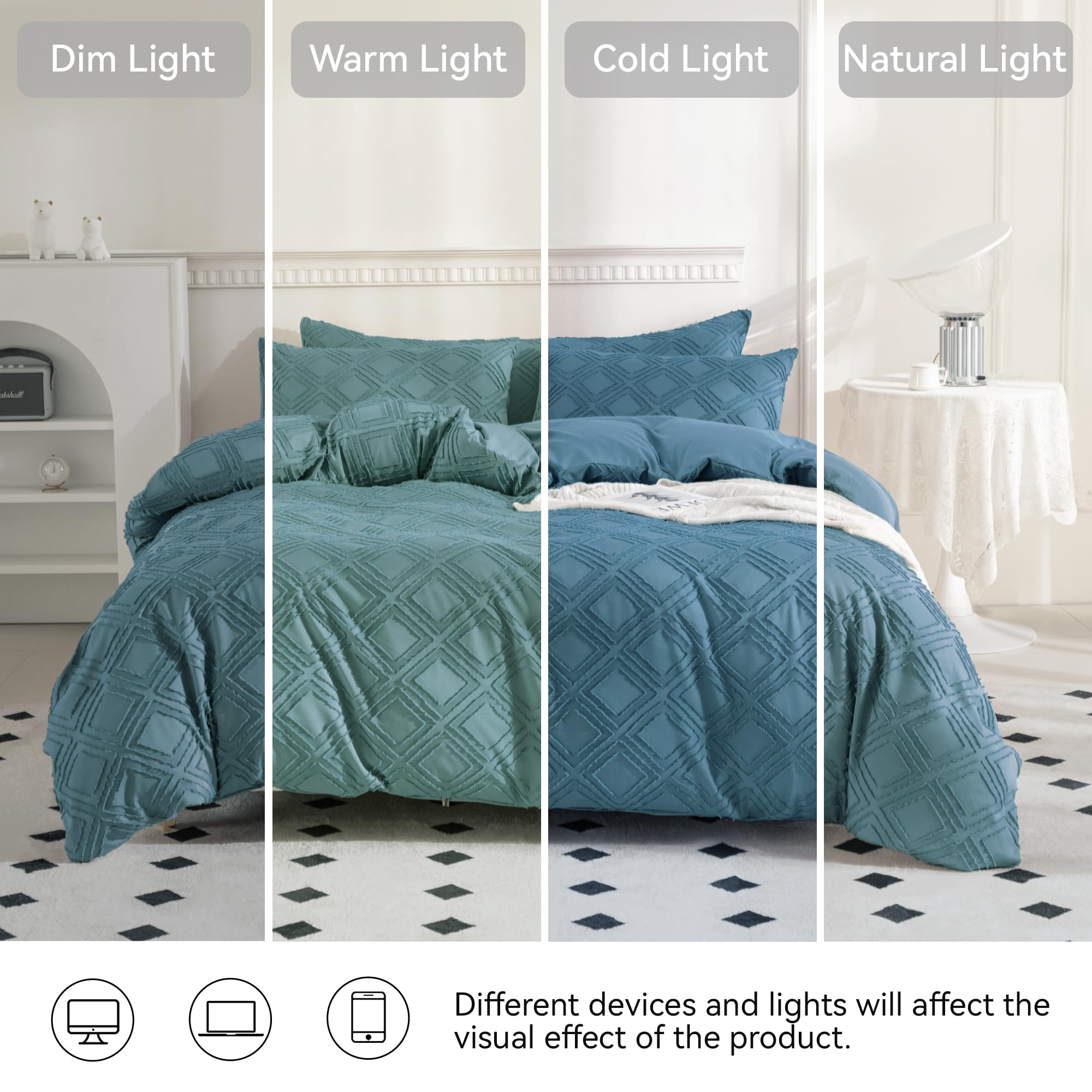 JELLYMONI Queen Size - Grayish Blue Microfiber Tufted Duvet Cover Set, Boho Textured Jacquard Rhombus Geometric Pattern Duvet Cover with Corner Ties & Zipper Closure