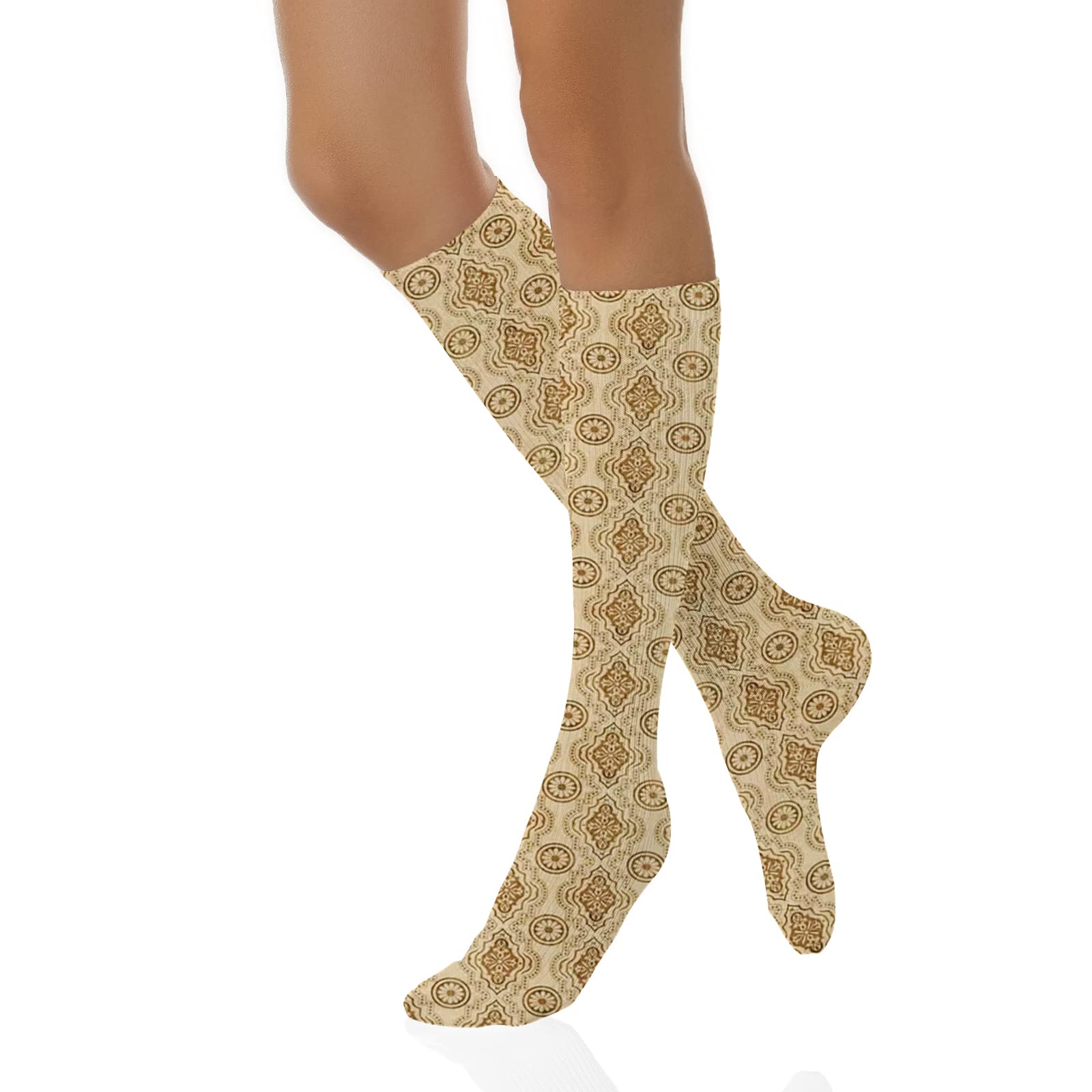 Contemporary Fashion Compression Socks Abstract Ornament Exotic Animal Pattern Style Print,Performance Polyester Cushioned Athletic Crew Socks for Running,Athletic,Yellow White 12 inch