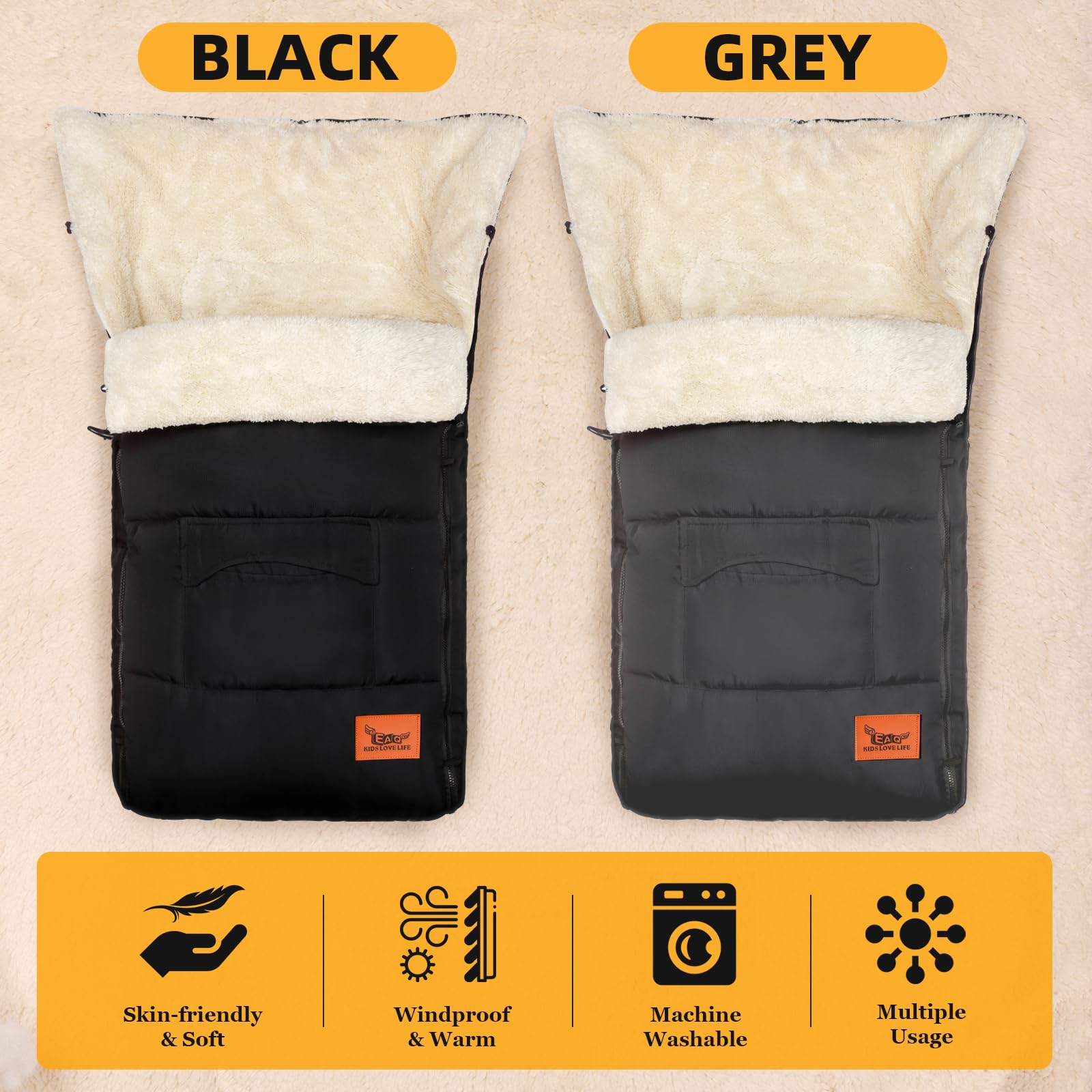EAQ Universal Winter Warm Baby Stroller Footmuff,Muti Use Bunting Bag, Fleece Lined Washable Outdoor Sleeping Bag for Baby(Gray)