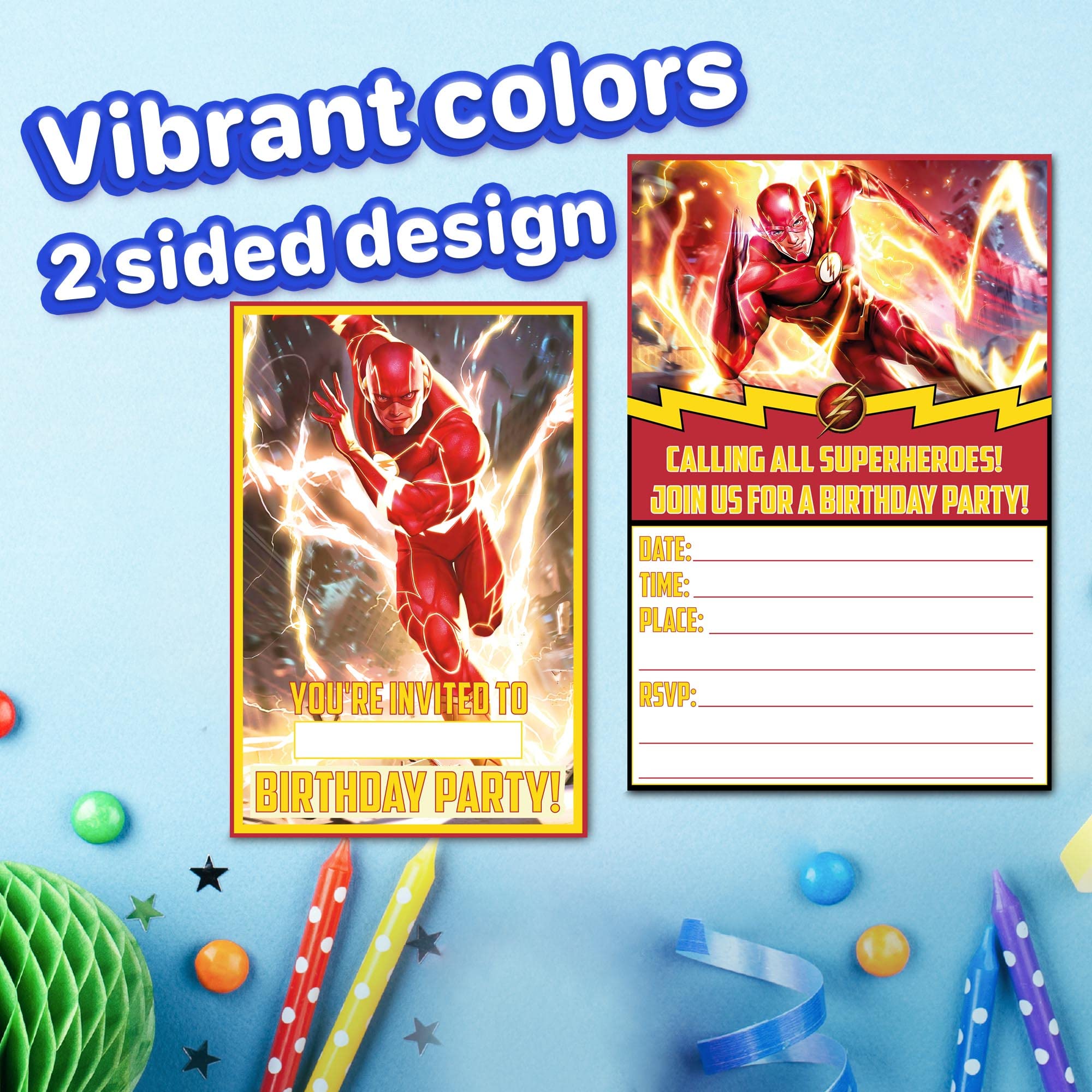 Flash Invitation Cards and Envelopes β 20 Fill-in Invites for Kids Birthday Bash and Theme Party, 10X15 cm, Postcard Style