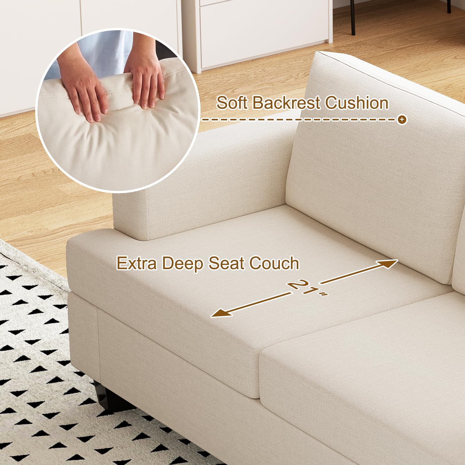 Furnimart 85 inch Deep Seat Sofa, Comfy Cloud Couch for Living Room, Beige Linen Sofa, Modern 3 Seater Couch, Cozy Fluffy Couch with Removable Sofa Cover, Small Couches for Small Spaces