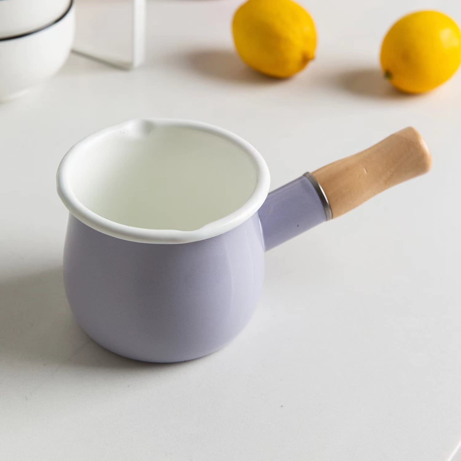 FYUEROPA 4-Inch Enamel Milk Pot Non-stick Mini Saucepan Butter Warmer with Wooden Handle Small Cookware 17Oz (Purple)