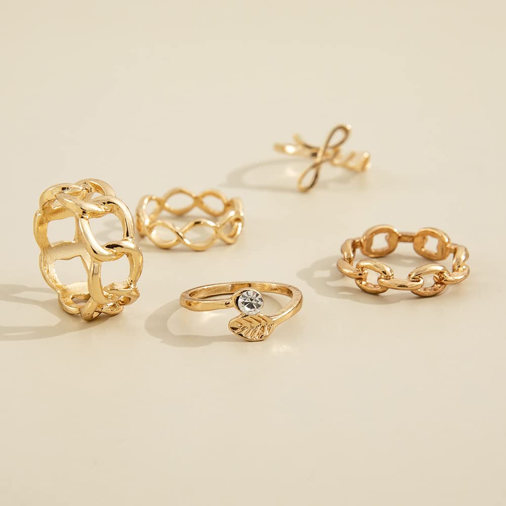 Chmier 5 Pcs Punk Gold Knuckle Rings Set Cuban Link Chain Band Rings Leaf Stackable Rings for Women and Men