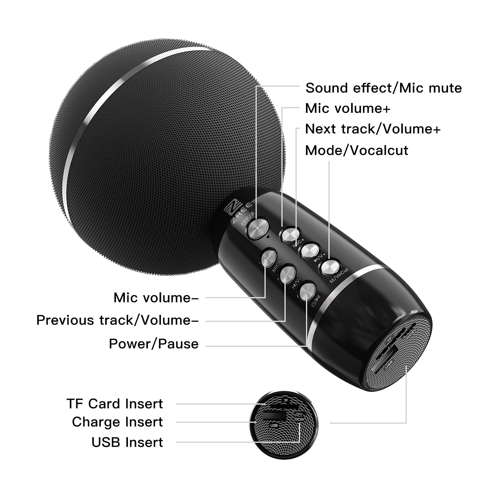 ZREE Bluetooth Karaoke Microphone for Kids and Adults Wireless Portable Handheld Mic Karaoke Machine with Speaker Singing Microphones for Carpool Journey Home Party(Black)