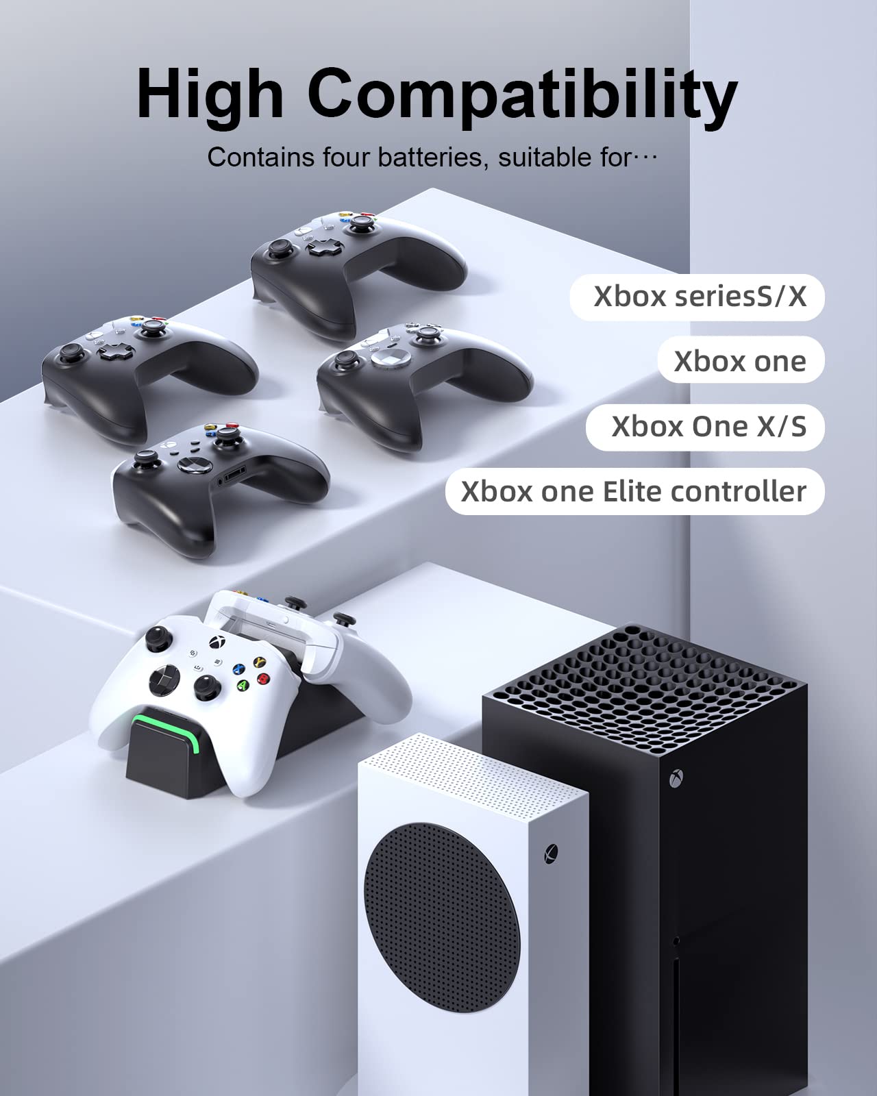 Controller Charger Station for Xbox, Charging Station for Xbox Controller with 2 Batteries & 4 Covers, 2x2500 Rechargeable Battery Packs Compatible with Xbox Series X|S/Xbox One/Xbox One S/X/Elite