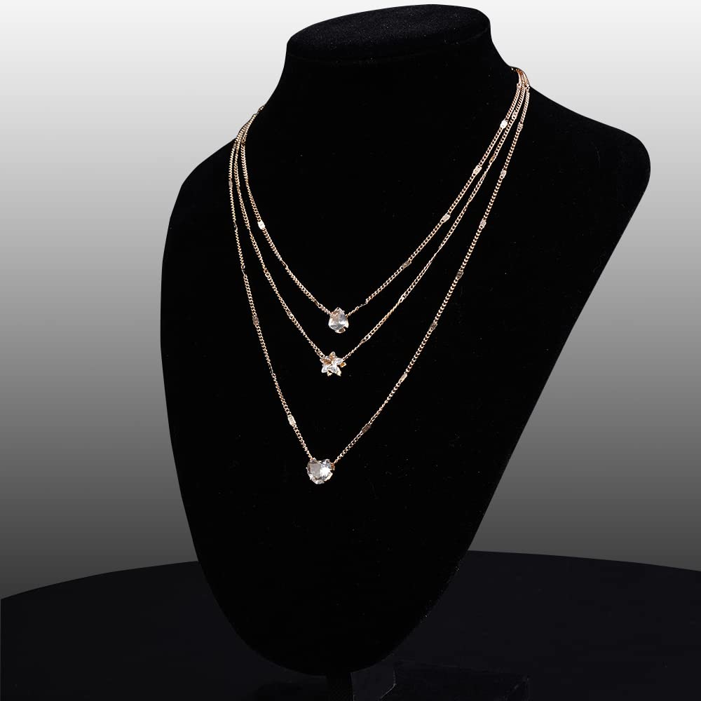 Chmier Boho Layered Crystal Necklace for Women Adjustable Delicate Star Choker Necklace Heart Water Droplets Pendant