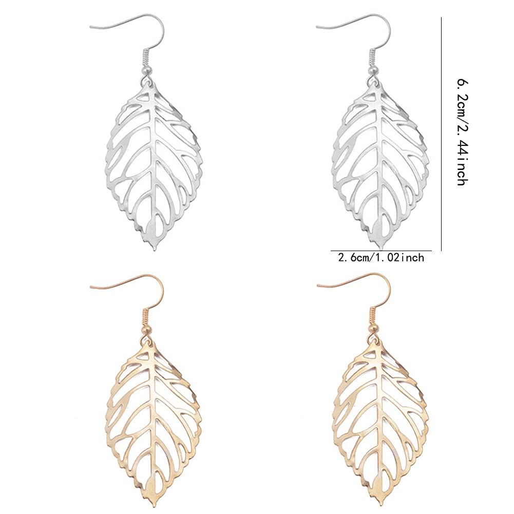 DIYANMMY 2 Pairs Elegant Simulation Hollow Gold Silver Leaf Dangle Drop Earrings Bohemian Vintage Minimalist Hypoallergenic Jewelry Gift (Gold Silver Leaf Earrings)