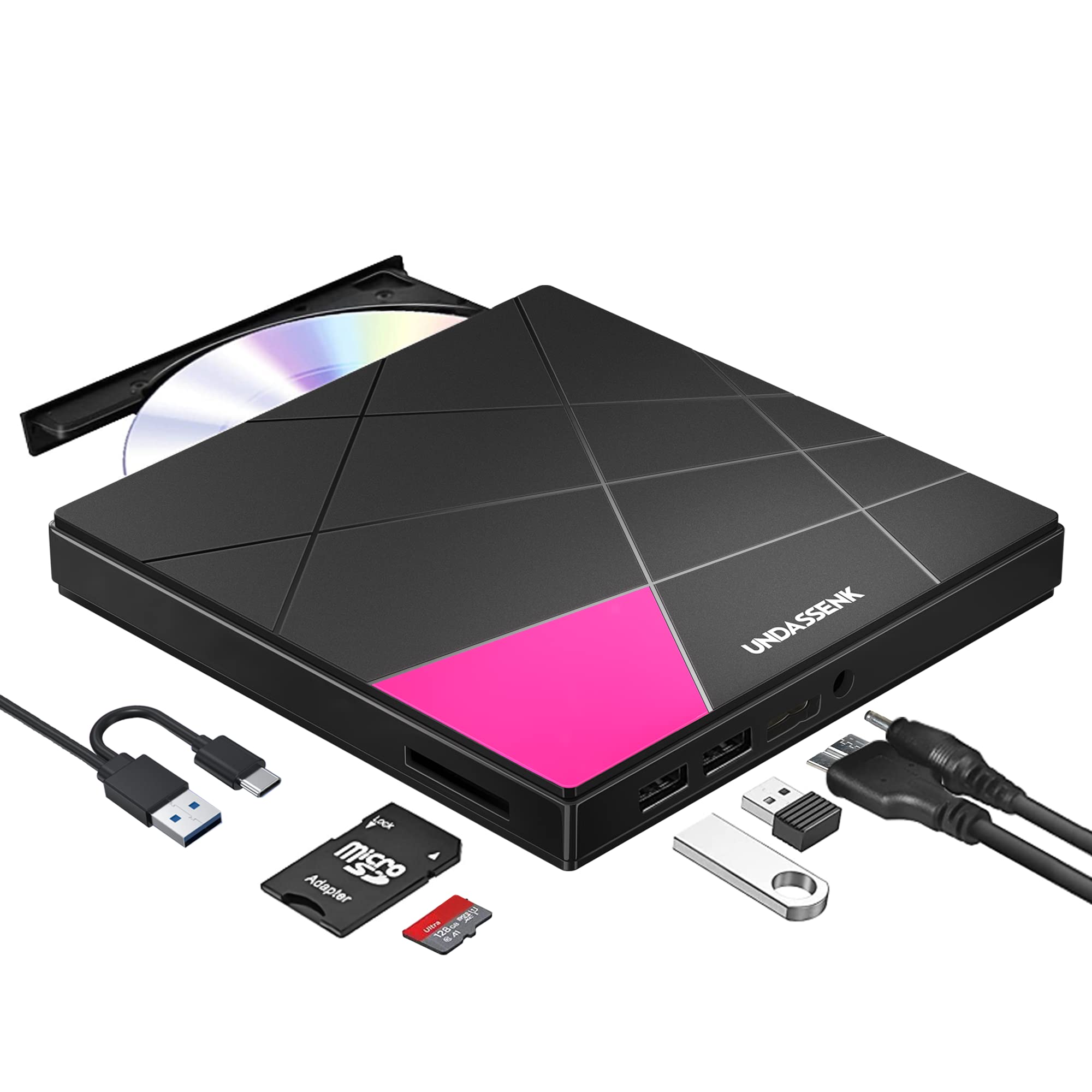 External CD/DVD Drive for Laptop, 6 in1 USB 3.0 Type-C Portable CD/DVD Player Burner, CD ROM Drive Optical Drive, CD/DVD Reader, CD to USB Converter, Compatible with Desktop PC Windows Mac OS