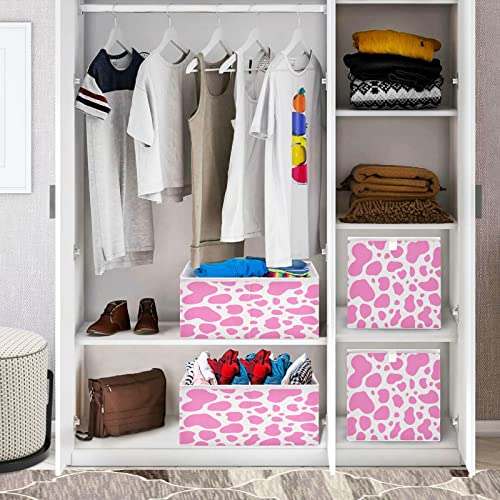 xigua Pink Cow Print Cube Storage Bins Organizer - 11x11x11 Inch Foldable Fabric Storage Baskets with Dual Handles for Closet Room Storage Room Shelves (1PACK)