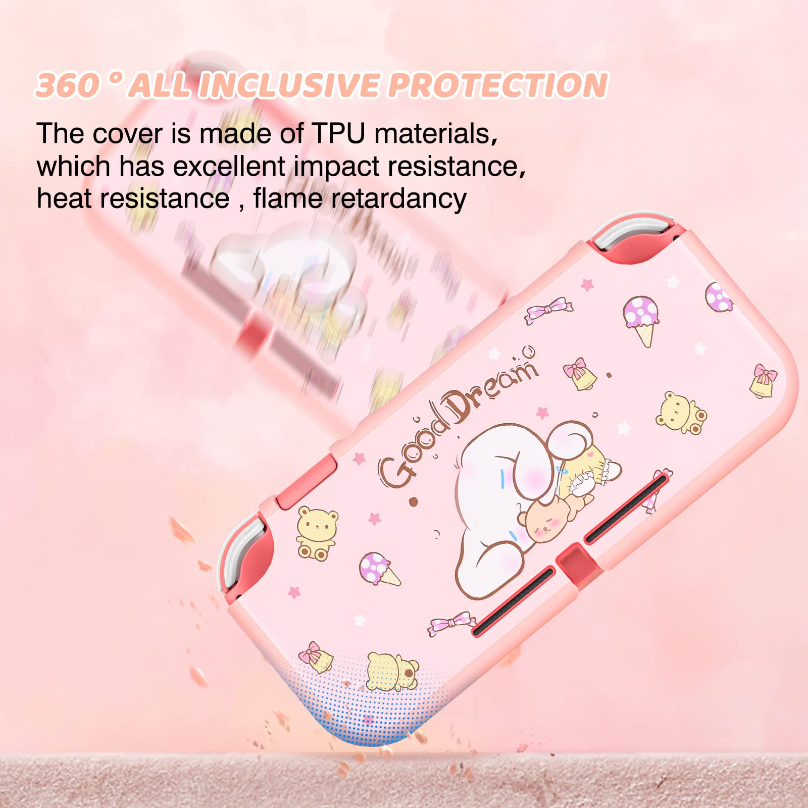 DLseego Protective Case Design for Switch Lite, TPU Cover Case Cute Rabbit Animal Pattern Shock-Absorption Design Hard Cover with 2 pcs Thumb Grips - Pink Rabbit