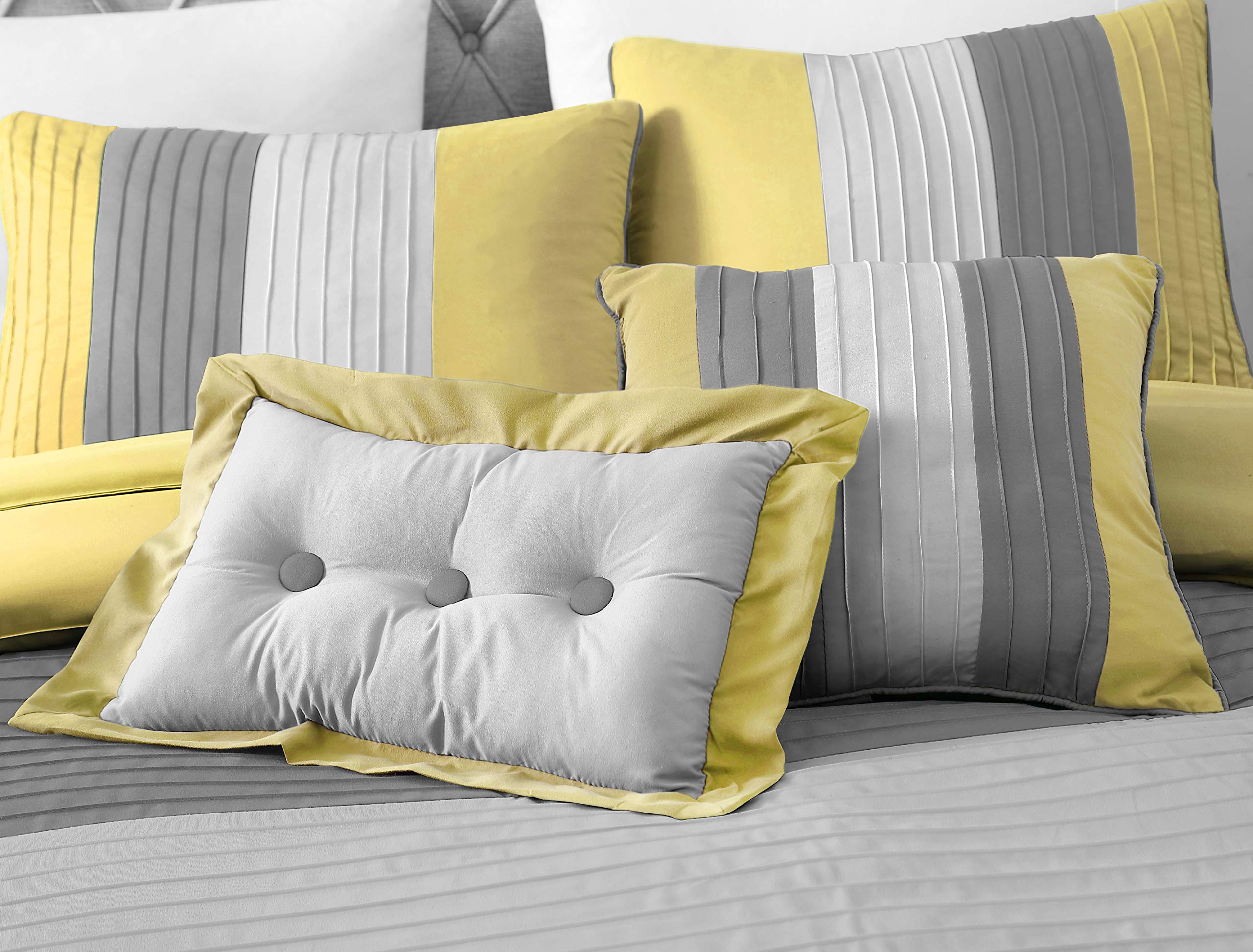 Chezmoi Collection 8-Piece Luxury Striped Comforter Set (Queen, Yellow/Gray/Paloma)
