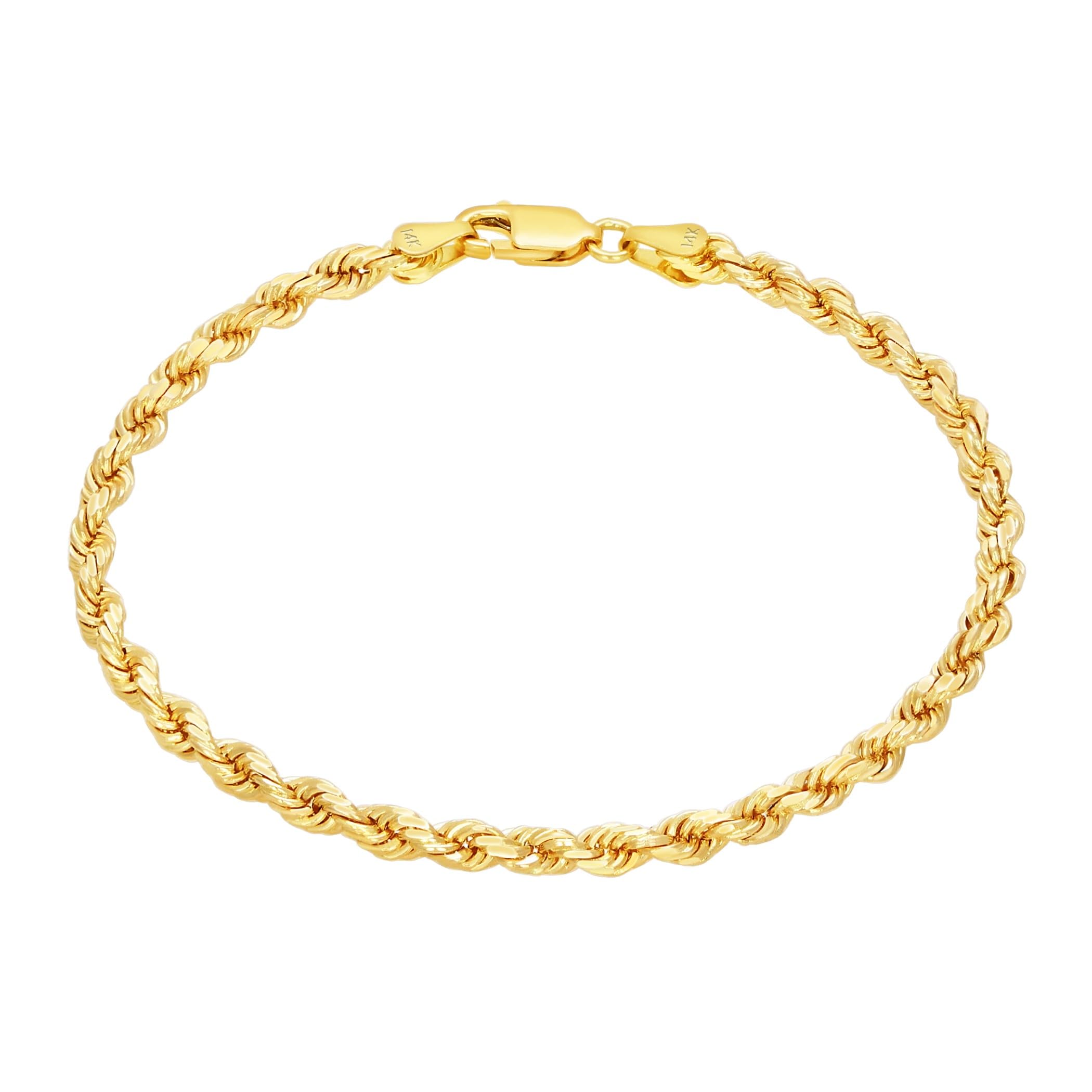 Nuragold 14k Yellow Gold 3mm Rope Chain Diamond Cut Bracelet or Anklet, Mens Womens Jewelry 7" 7.5" 8" 8.5" 9"
