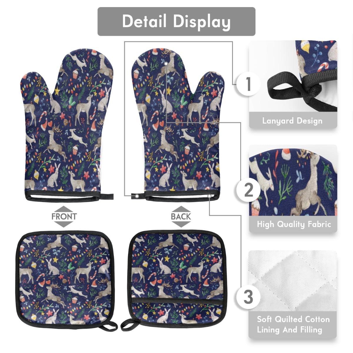 Christmas Deer Oven Mitts and Pot Holders Sets of 2 Heat Resistant Non-Slip Kitchen Gloves Hot Pads with Inner Cotton Layer for Cooking BBQ Baking Grilling