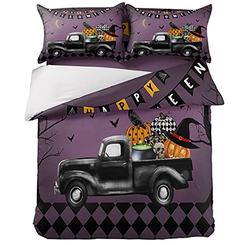 Halloween Pumpkin Ghost Face Black Truck Duvet Cover Sets 4 Piece Full Ultra Soft Bed Quilt Cover Set for Kids/Teens/Women/Men,Bat Dead Trees Plaid Bedding Collection All Season Use