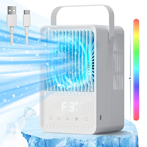 Portable Air Conditioner Fan, Ultra Quiet&Strong Airflow Personal Small Evaporative Air Cooler with 3 Speeds LED Light, 2 Cool Mist&2-8H Timer, Desk Cooler Fan for Room Office Camping, FERRISA (White)