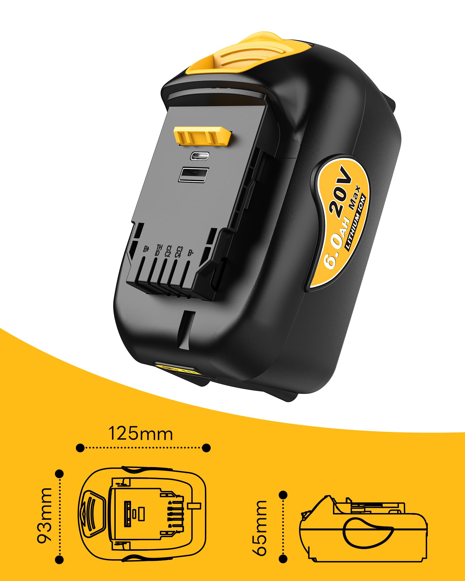 Genuine Capacity 2 Pack 6Ah 20V Max Battery Replacement for Dewalt 20V Battery with USB and USB-C Charging Port, True Capacity Lithium ion Battery Compatible with All 20V Dewalt Cordless Tools