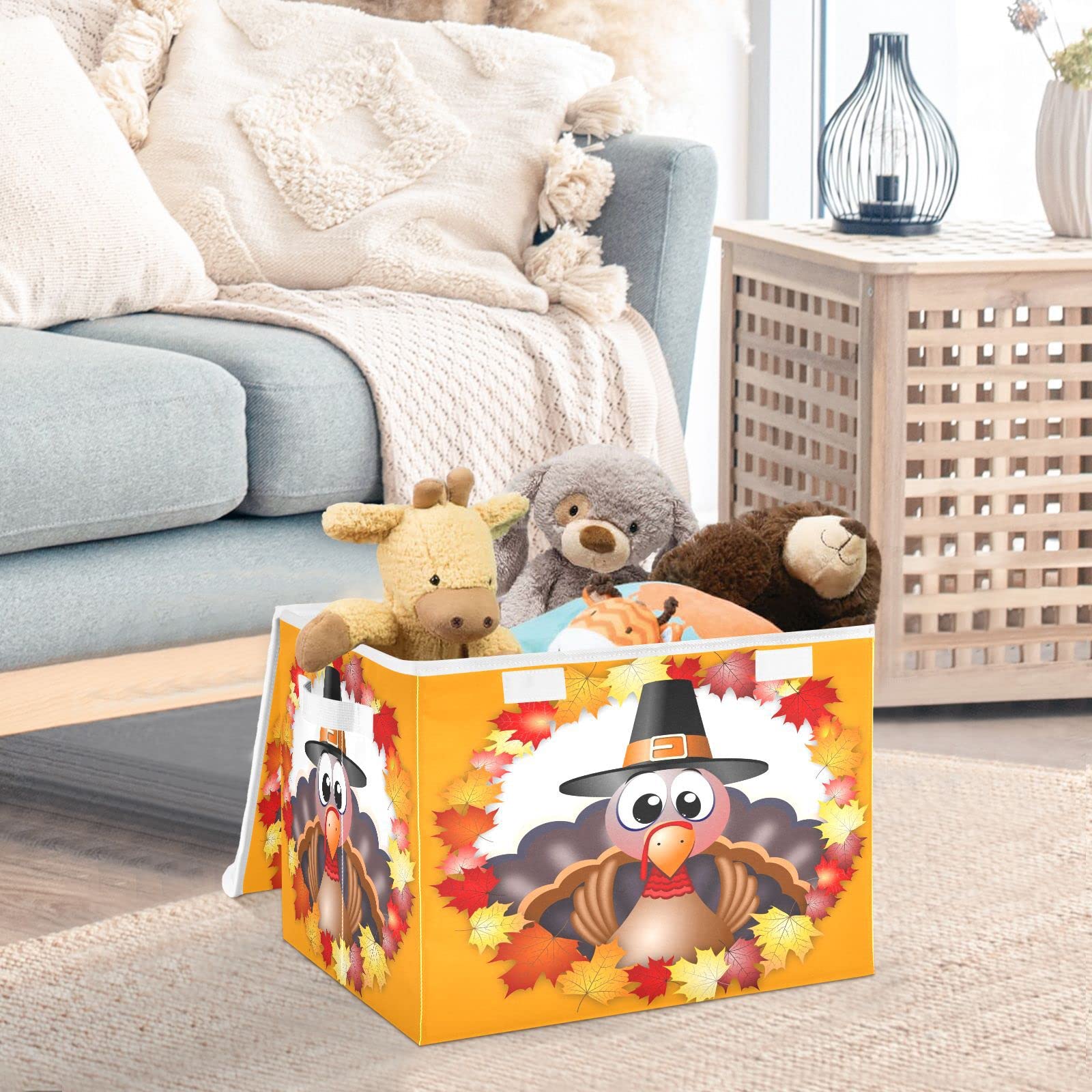 Krafig Thanksgiving Turkey Decorative Storage Box with Lid Large Bins Baskets Collapsible Cube Organizer Foldable Containers for Organizing, Toy, Playroom, Shelf, Closet