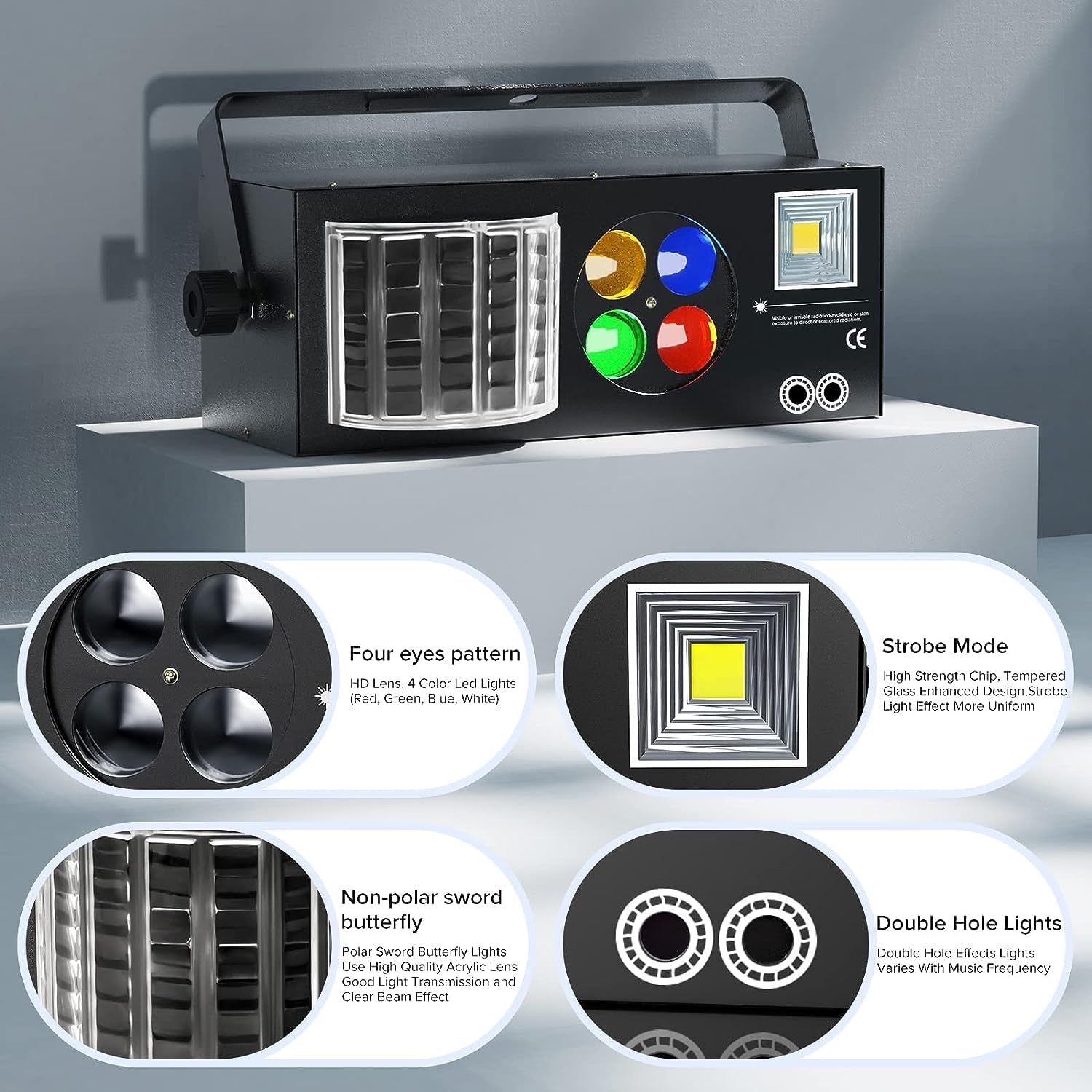 Dj Disco Party Lights Ball Stage Lights 4 in 1 RGBW Lighting Parties Indoor Mixed Lighting Effects Pattern Strobe Light Sound Activated Remote DMX Control for KTV Club Disco Party Wedding