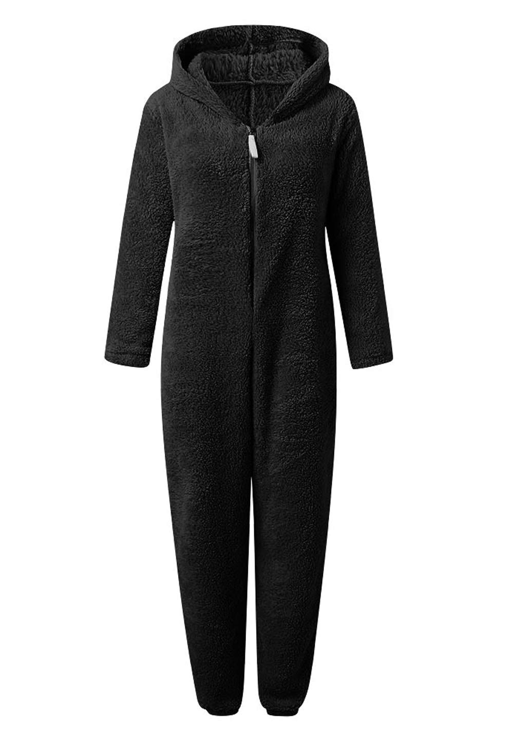 chouyatou Women's Ultra Comfy Lounge Furry Sherpa Romper Onesie Pajamas Cute Ear Hood (Large, Black)