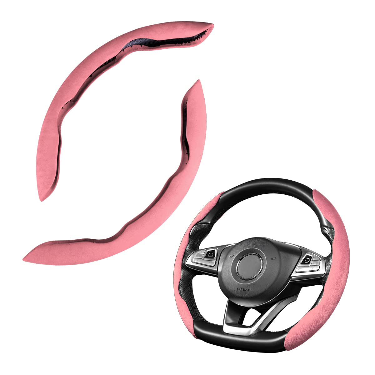 Car Steering Wheel Cover, Microfiber Suede Leather and Carbon Fiber Double Sided Design, Warm in Winter and Cool in Summer, Breathable Non Slip Segmented Protector for Most Cars (Turn Fur/Pink)