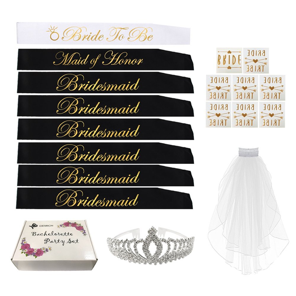GEMICH BACHELORETTE PARTY SASH SET: Bride to be , Maid of Honor , 6 Bridesmaids Sashes and 8 Tattoos, Team Bride , Tiara, Veil, Bridal Shower Favors.
