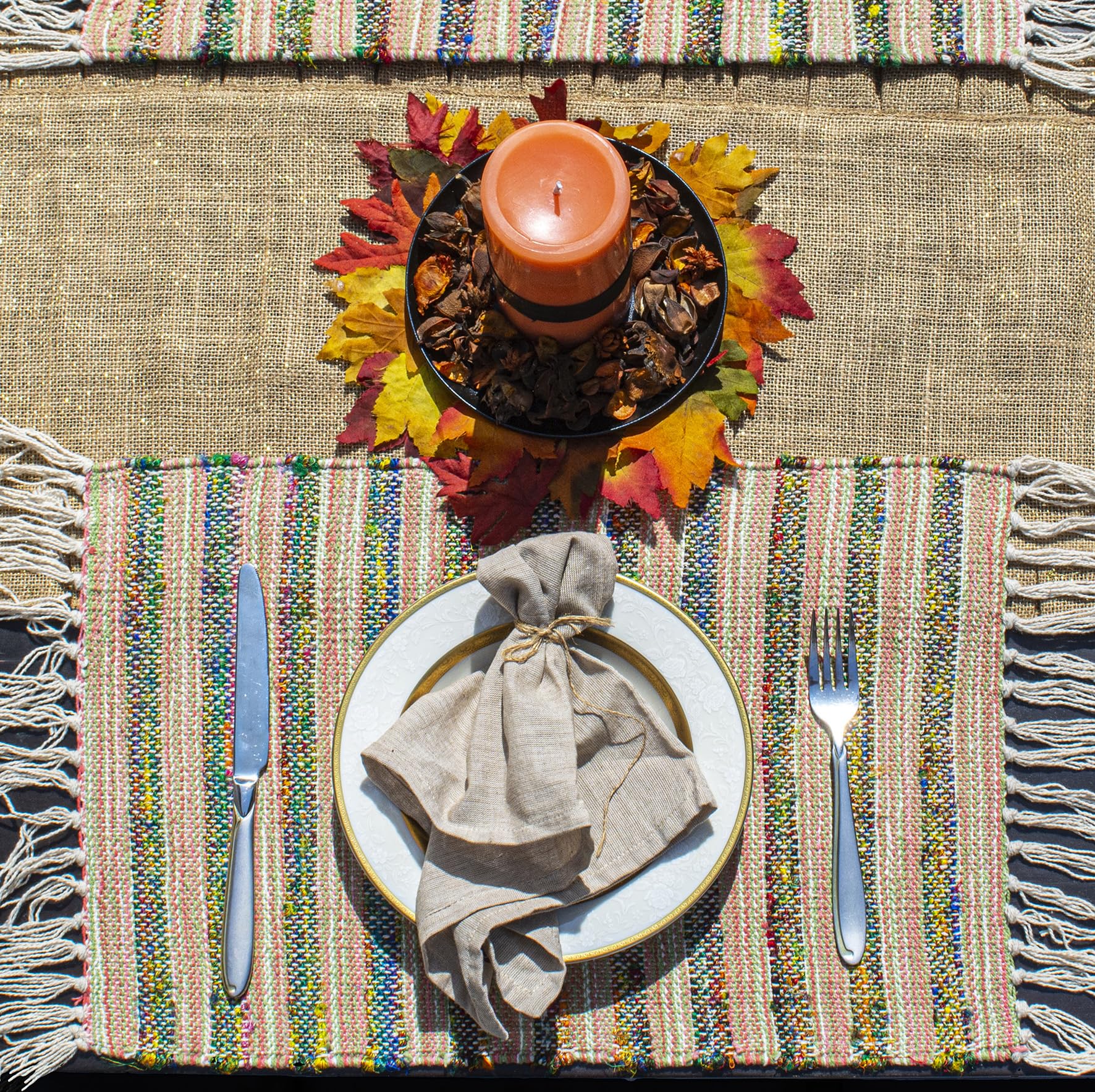 Chardin Home Royal Silk Eco-Friendly Jute & Silk Placemats (Set of 4 mats). Size: 13" X 19". (Multi-Color)