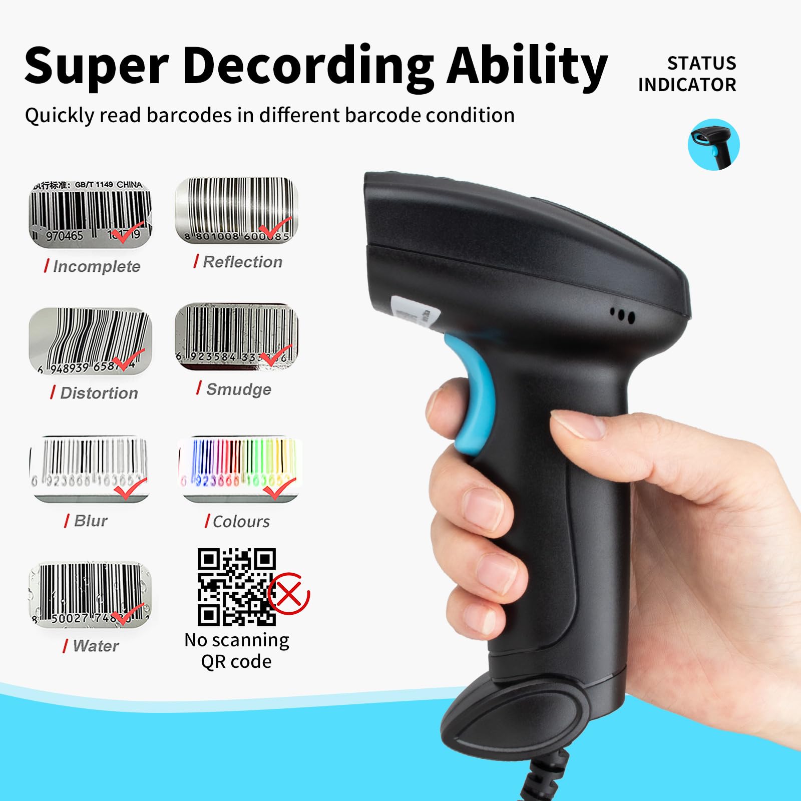 JIAN BOLAND Barcode Scanner USB 1D Wired CCD Barcode Reader Supports Screen Scan Bar Code Scanners for Store, Supermarket, Warehouse-U1