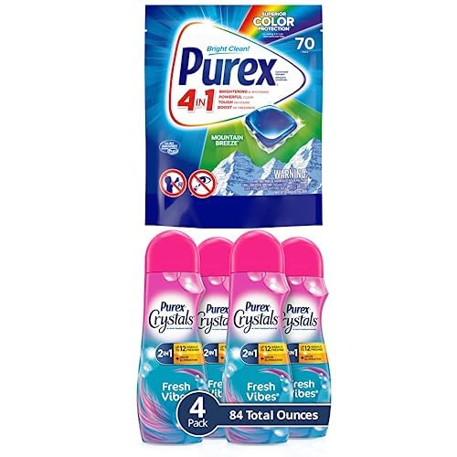 Purex 4-in-1 Laundry Detergent Pacs, Mountain Breeze, 70 Count + Purex Crystals in-Wash Fragrance and Scent Booster, Fresh Vibes, 21 Ounce, 4 Count