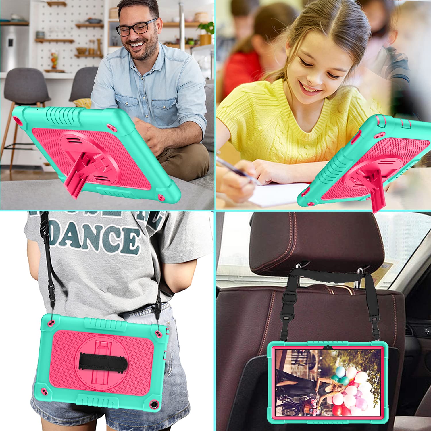FIEWESEY Case for Walmart ONN 10.1 Inch Gen 3 2022 Tablet(Model:100071485),Shoulder Strap Hand Strap 360 Rotatable Stand Kids Shockproof Case for Walmart Onn 10.1 Inch 3nd Gen Tablet(Green/Pink)