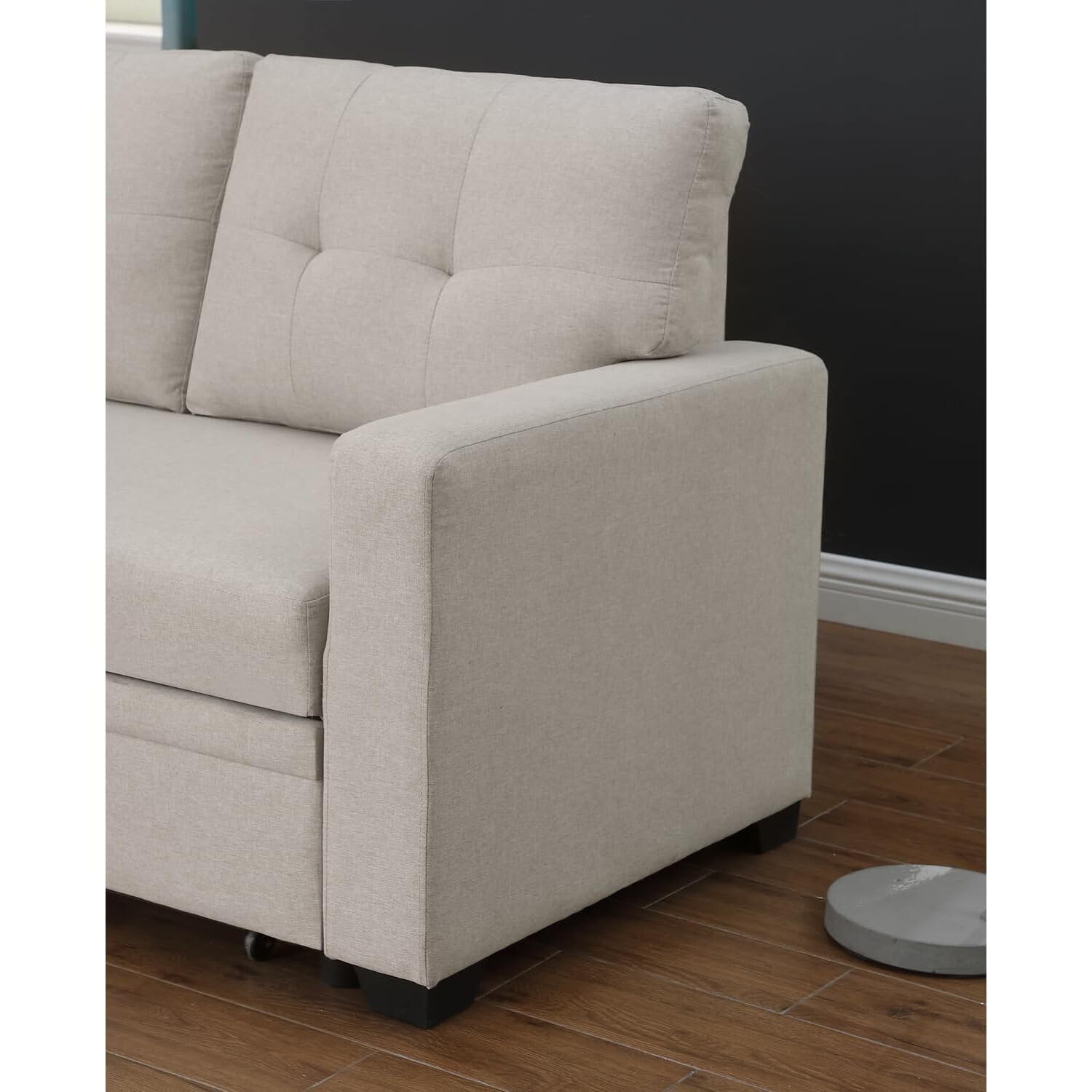 HomeStock City Chic L-Shaped Fabric Reversible, Easy Convertible Pull-Out Sleeper Sectional Sofa/Storage Chaise with Tufted Back Cushions and Track Arms-Beige