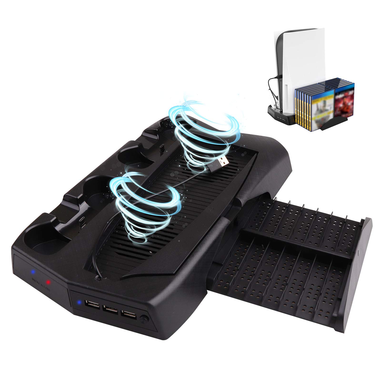 Cooling Fan Station Charging Dock Vertical Stand for PlayStation 5 PS5 with 3 USB Hubs, 2 DualSense Controller Charging Dock and 14 Games Slots